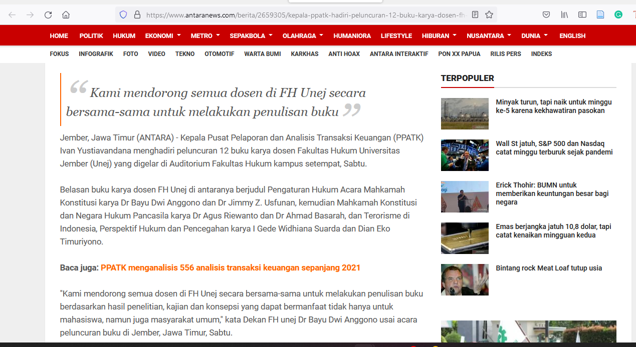 Kepala PPATK hadiri peluncuran 12 buku karya dosen FH Unej - Faculty of Law University of Jember